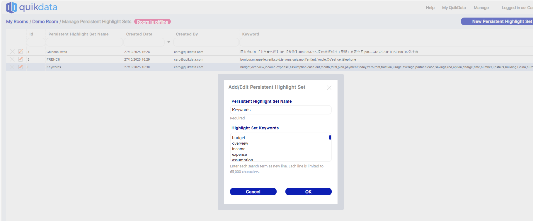 Managing Persistent Highlight Sets – quikdata